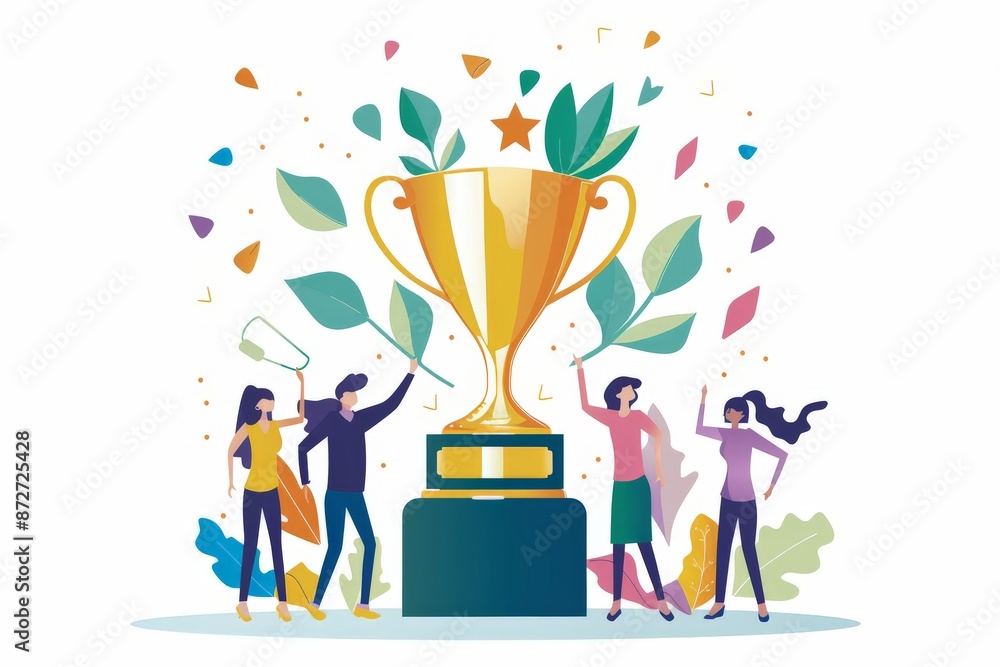 Employee Appreciation congratulating colleague and winner trophy flat ...