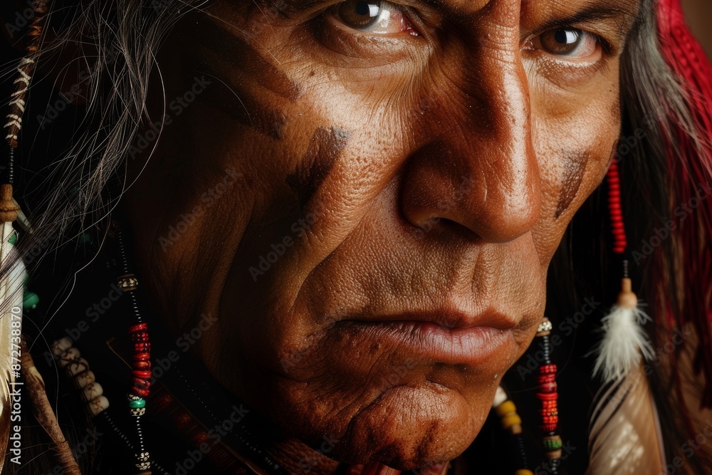 With a gaze that reflects wisdom and tradition, a Native American man ...