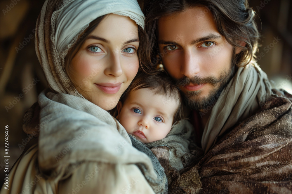 Mary holding baby Jesus in her arms, Joseph standing protectively ...