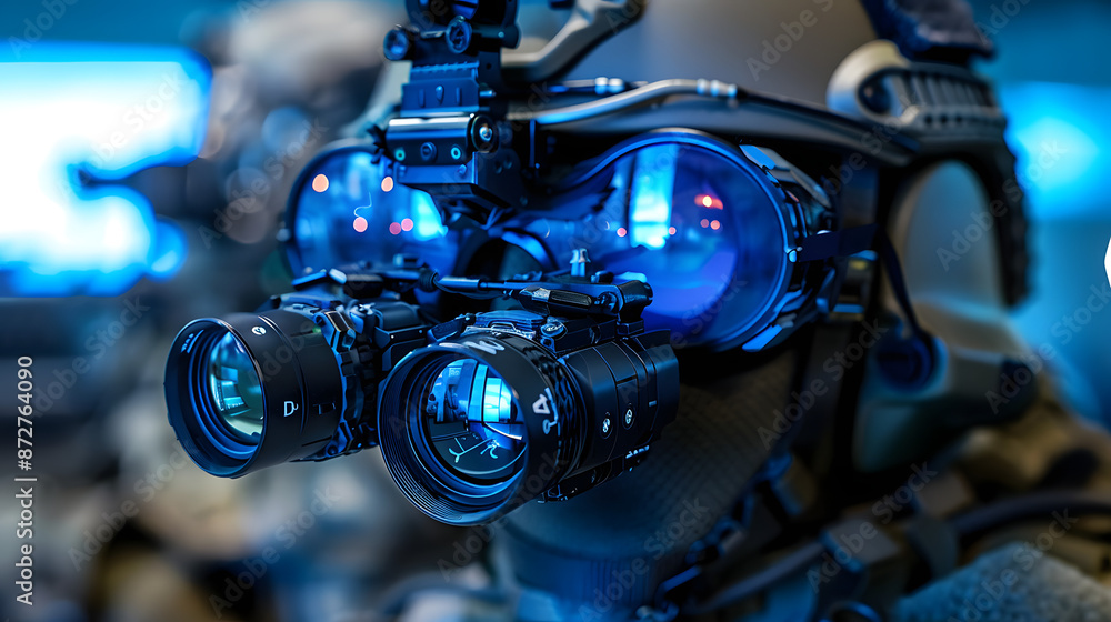 Night vision goggles on military helmet, closeup detail to blue ...