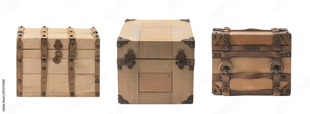 Three different wooden boxes shown in front, side, and top views ...