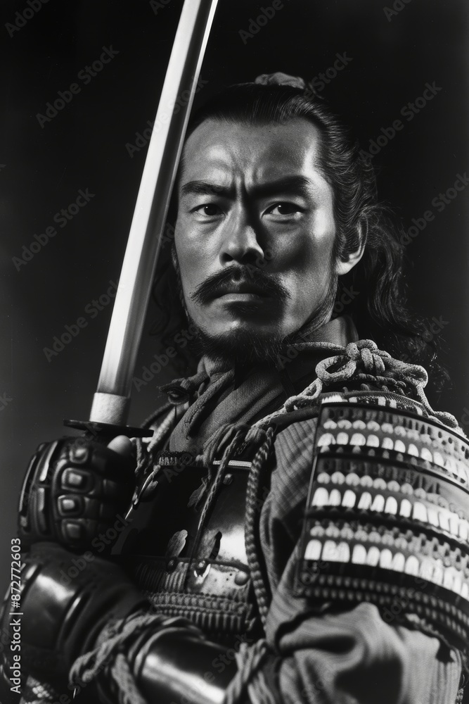 Side profile of a determined samurai warrior in traditional armor ...