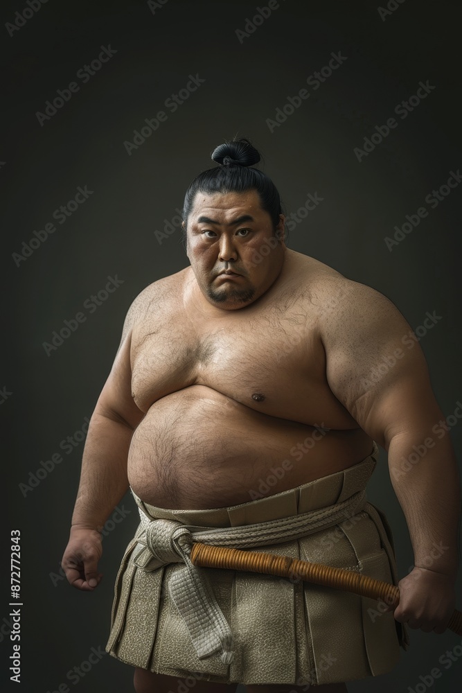 Portrait of a sumo wrestler with a topknot, donning a traditional ...