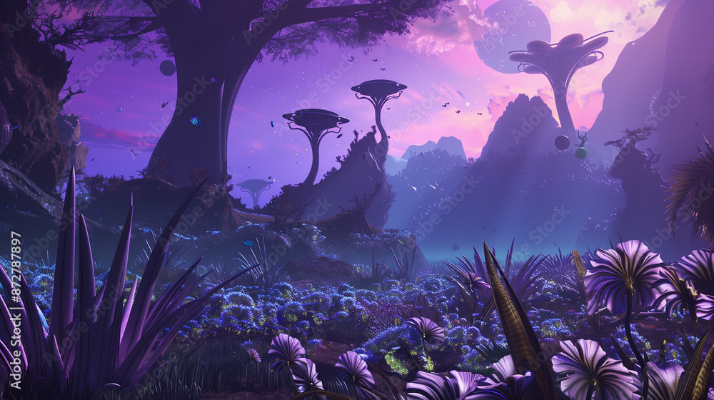 Alien planet: A landscape on an alien planet with strange flora and ...