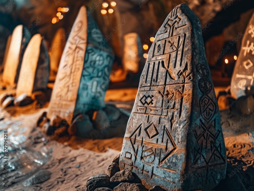 Viking rune stones with carved inscriptions, the ancient symbols and ...