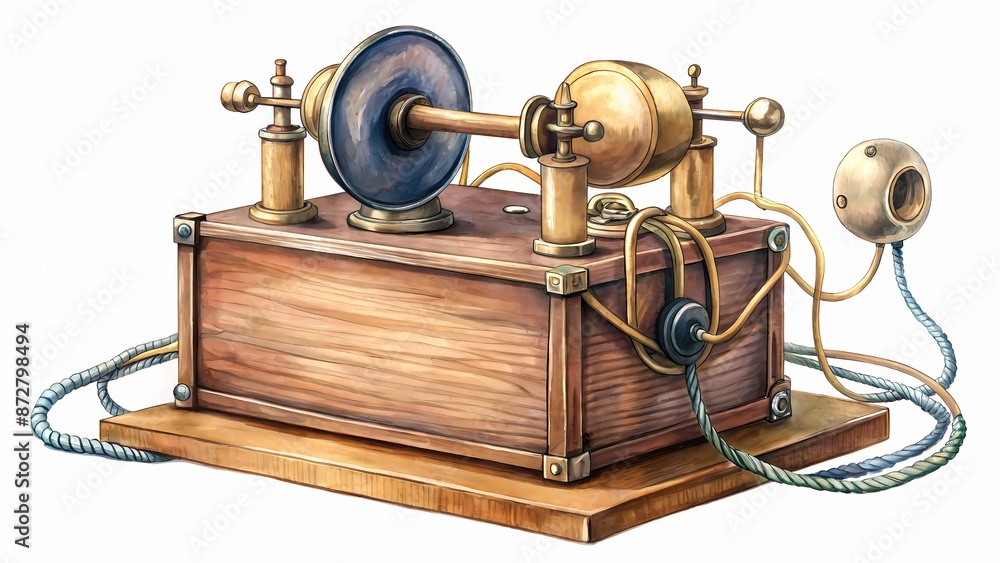 Retro vintage style old telegraph machine with brass knobs, worn wooden ...