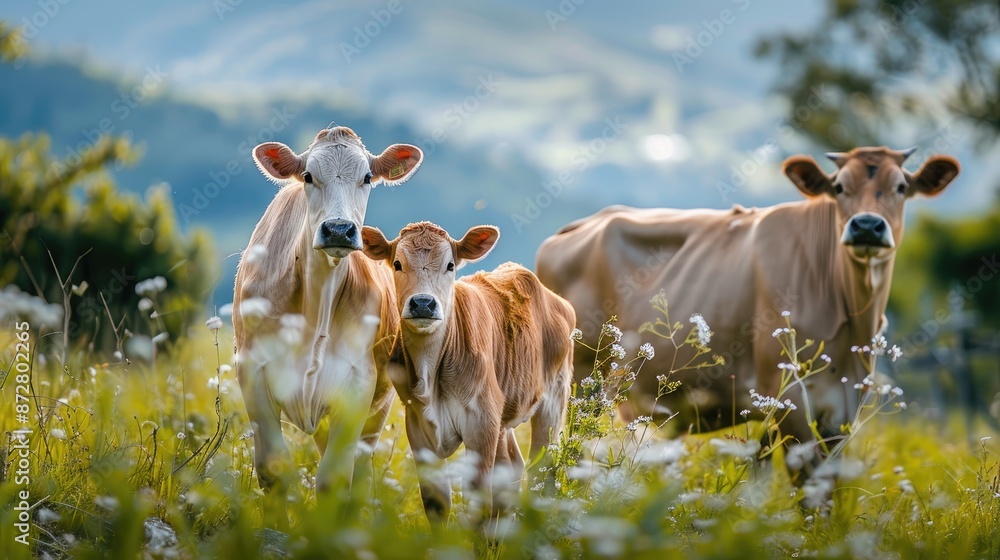 Mountain cow calf and mother in rural setting agriculture and food ...