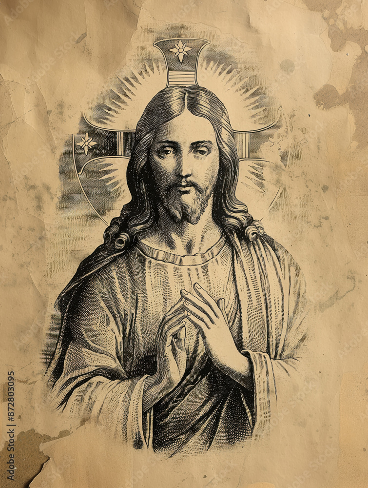 Etching of Jesus Christ: Ancient Artistic Engraving with Sacred ...