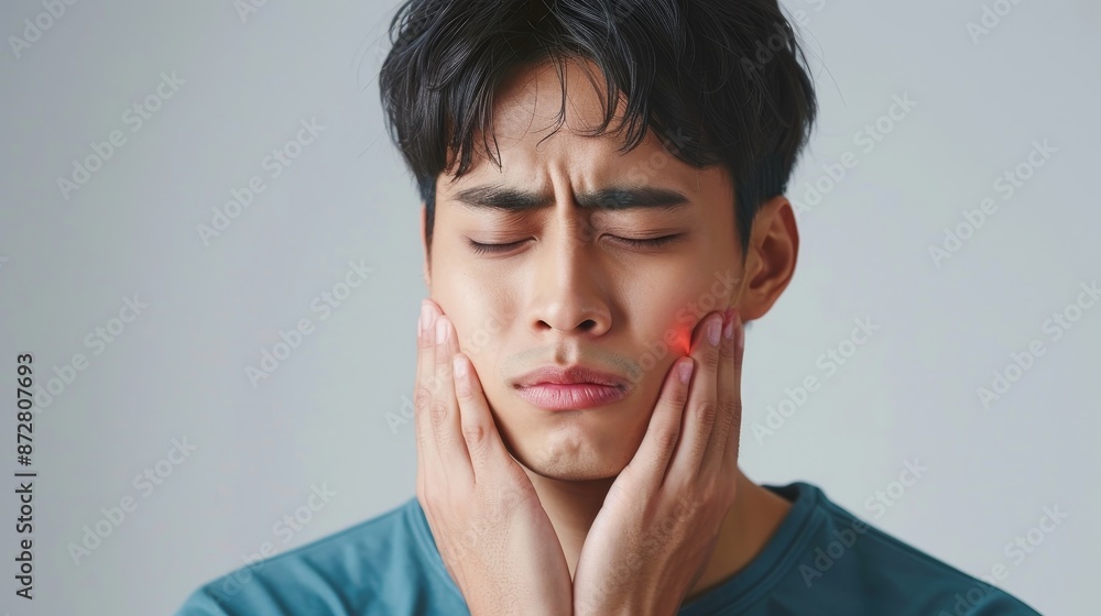 Male in pain suffering toothache touching face, boy sad face pain cheek ...