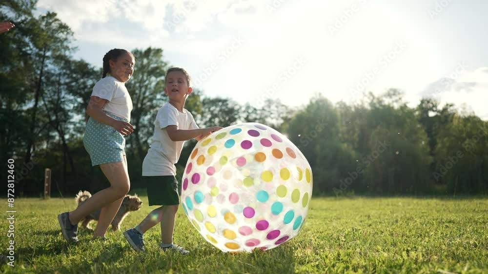 Children playing with ball in park. family enjoying sunny day. Boy and ...