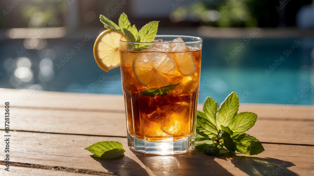 frosty glass of iced tea with mint leaves, placed on the edge of a ...