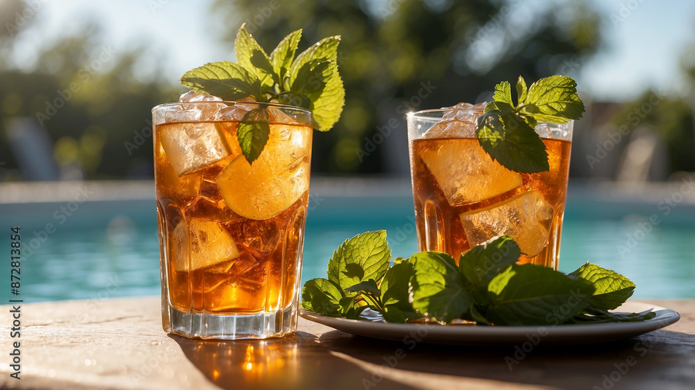 frosty glass of iced tea with mint leaves, placed on the edge of a ...