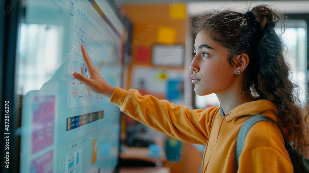 High school student using smart board with her teacher in the classroom ...