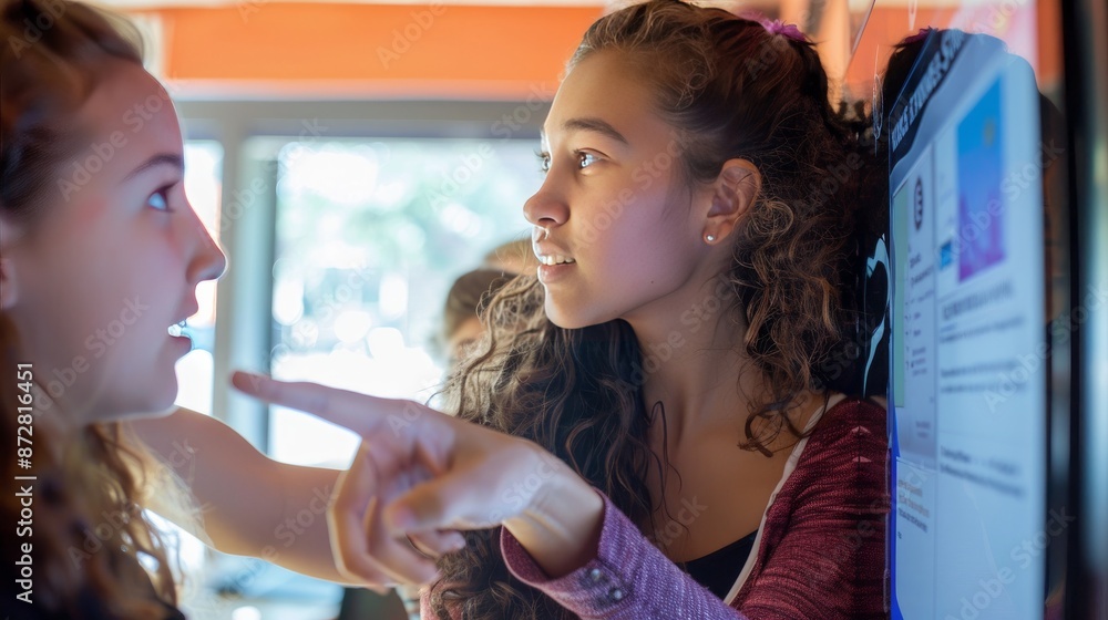 High school student using smart board with her teacher in the classroom ...