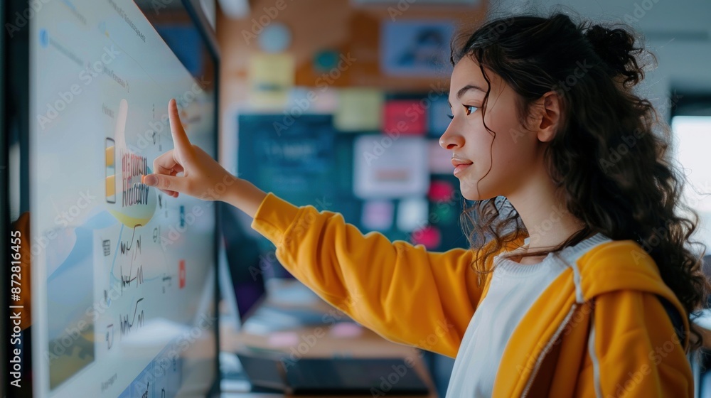 High school student using smart board with her teacher in the classroom ...