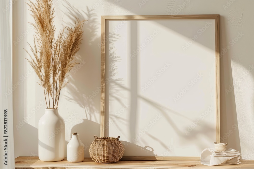 Mockup of an empty square frame in a modern minimalist interior with a ...