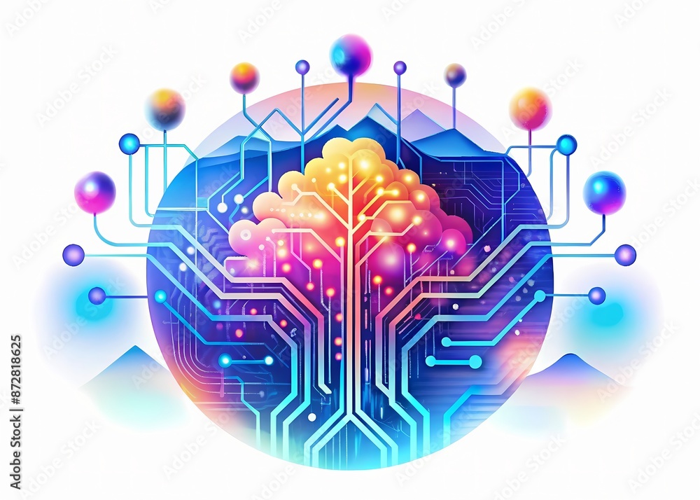 Vibrant colorful illustration of artificial intelligence neural networks processing data in real ...