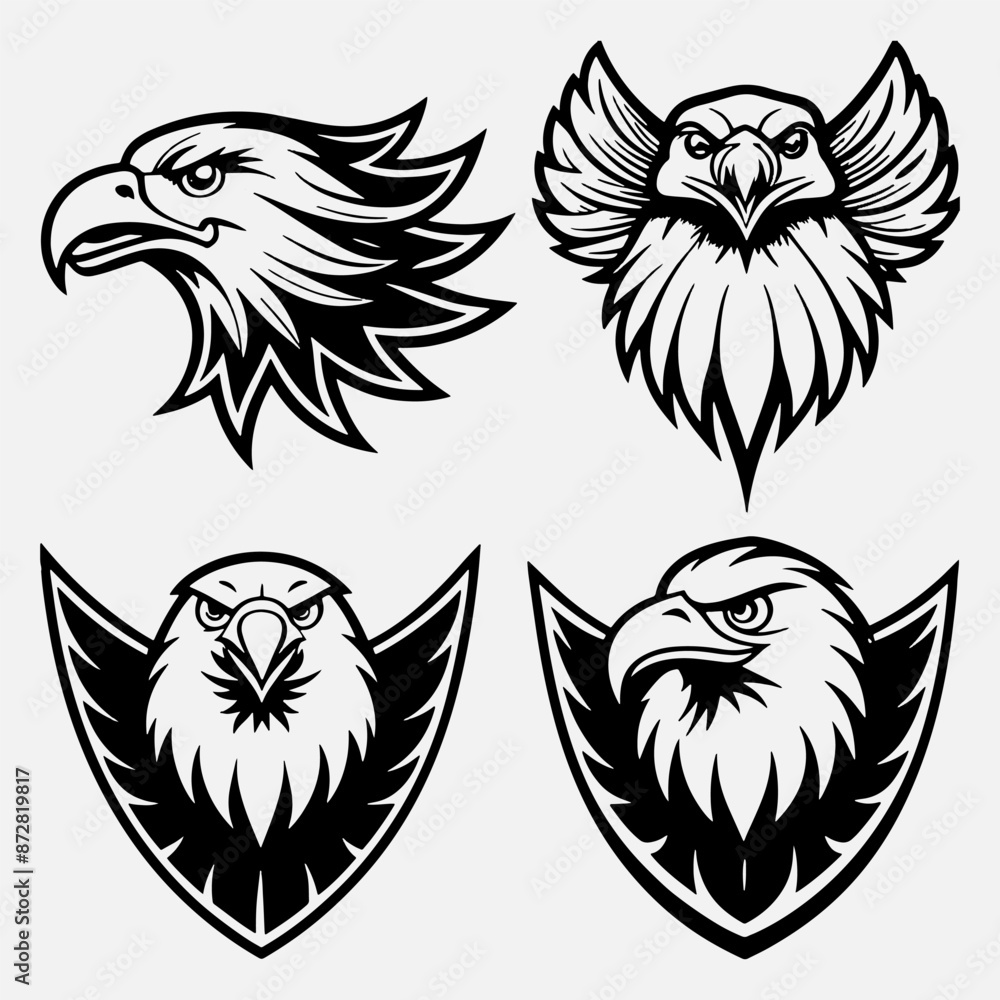 Vetor de Set of eagle head silhouettes with big beaks, Symbols for ...