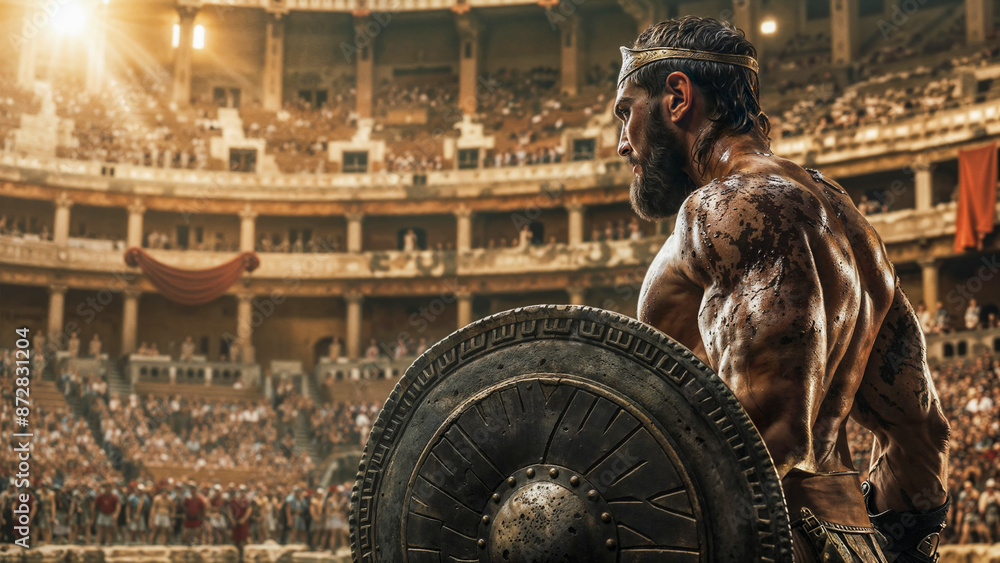 Fierce gladiator stands in packed ancient arena, wielding shield, his ...