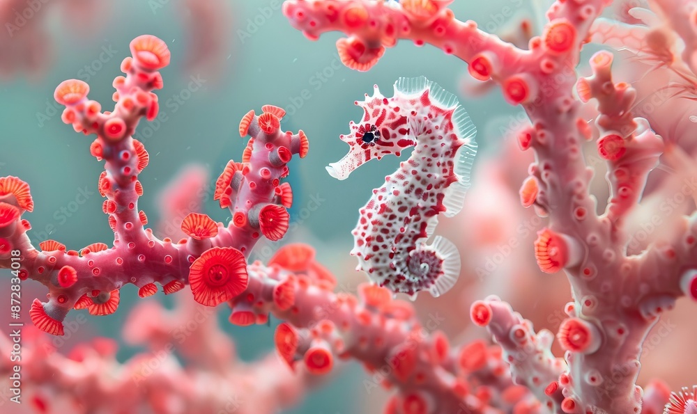 red and white seahorse on coral, macro underwater photography, colorful ...