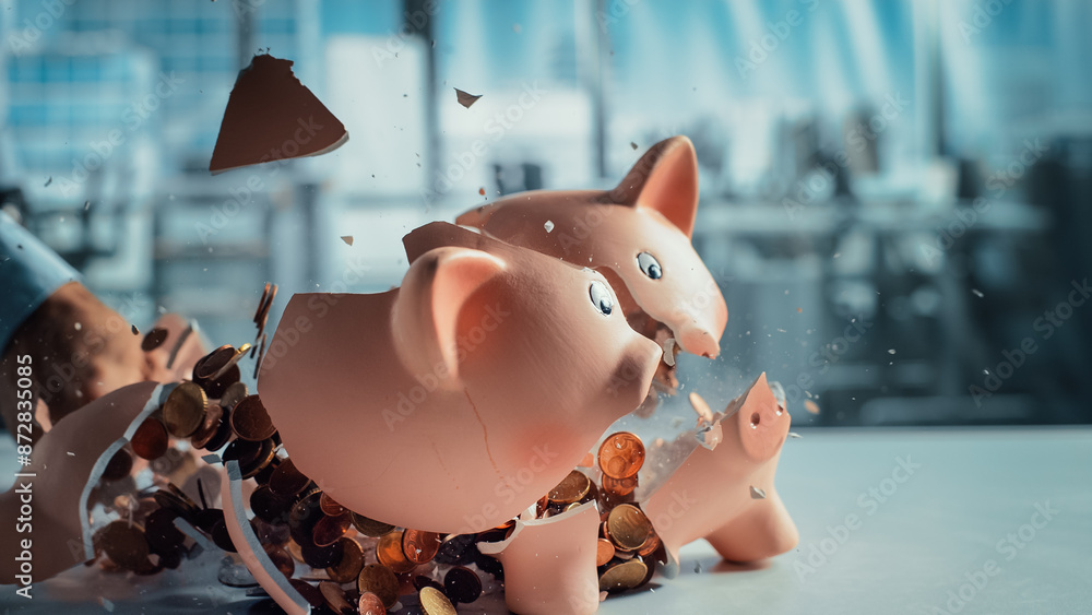 Hand Smashes Piggy Bank, Scattering Coins Across Modern Office Desk ...