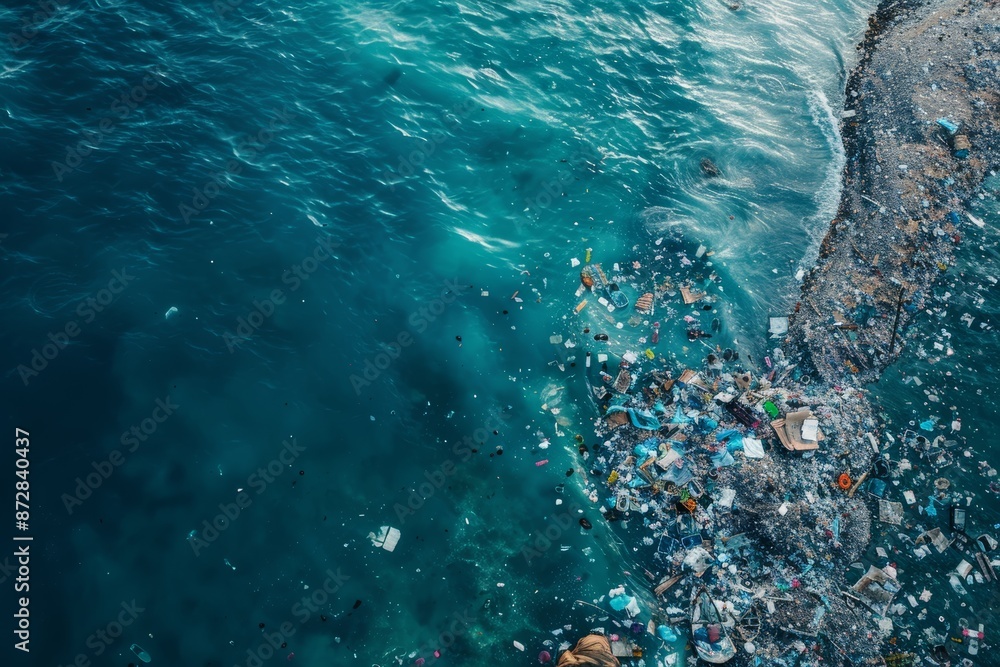 An aerial view of a polluted coastline with trash floating on the ...