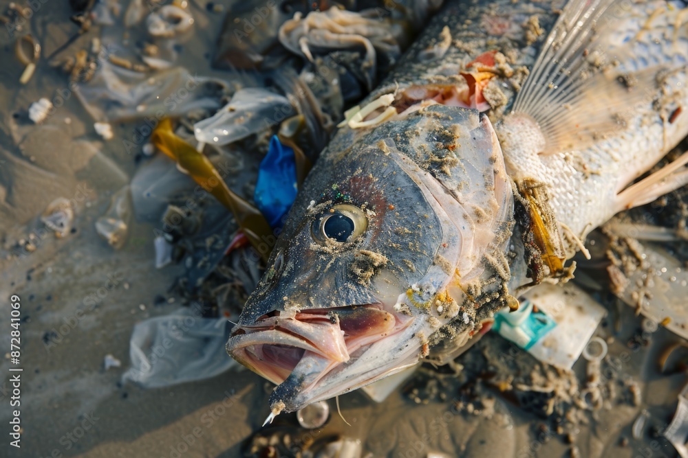 Foto de A close-up photograph of a dead fish tangled in plastic waste ...