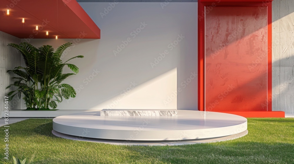 Luxurious house lawn, podium with modern design, eye-catching billboard ...