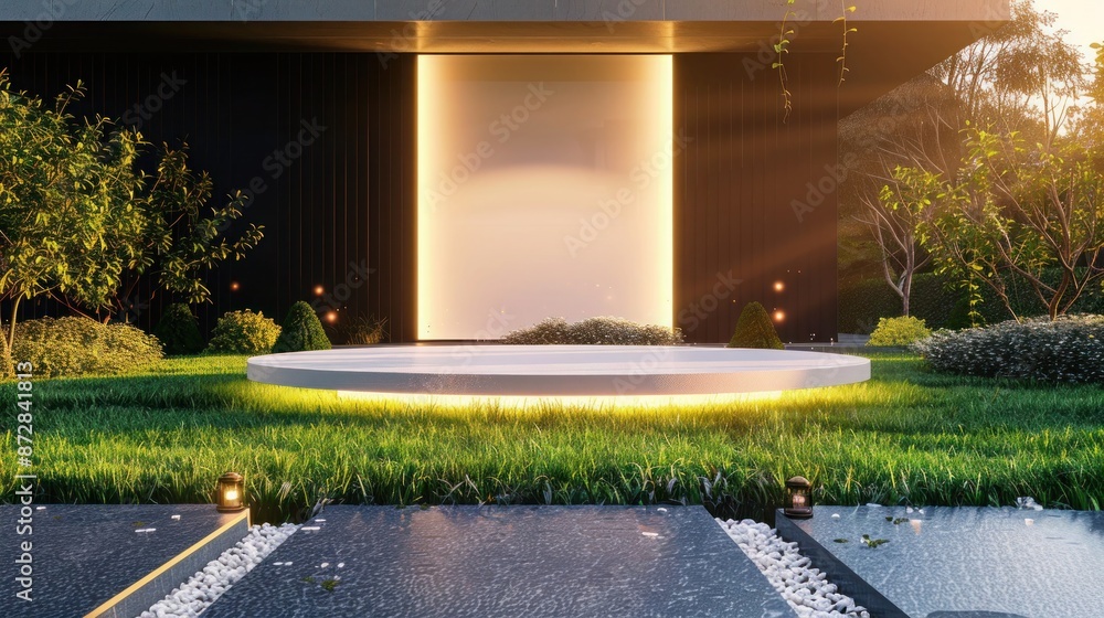Luxurious house lawn, podium with contemporary lines, bold billboard ...