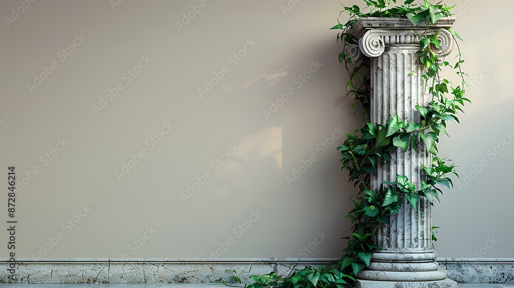 greek column wrapped in green plants. Ancient Greek column. Ionic ...