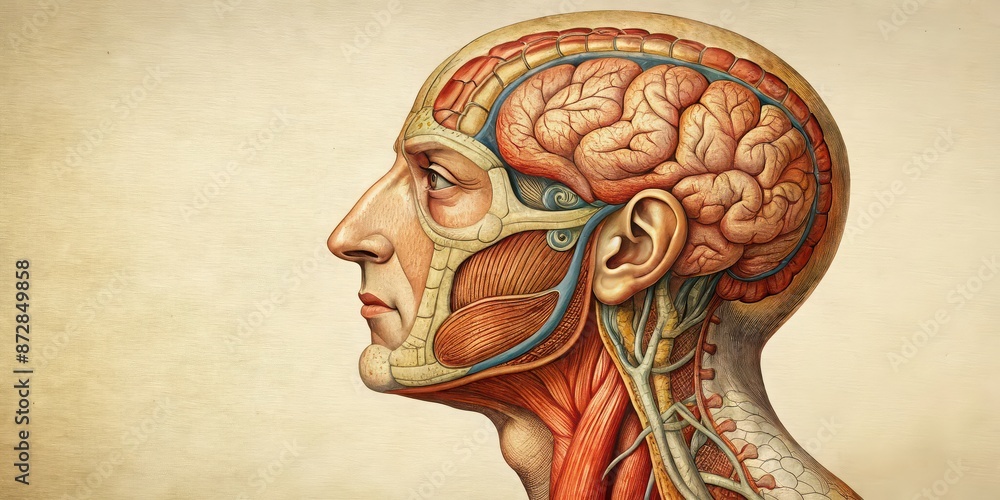 Vintage anatomical of a human head in profile, showcasing the brain and ...