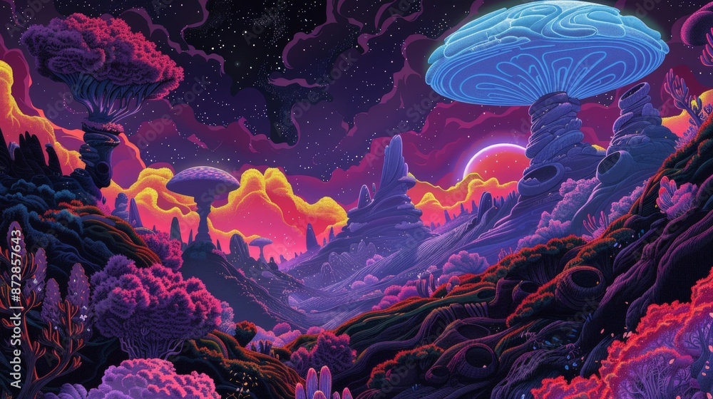 Illustrate a psychedelic dream world where gravity is defied, objects ...