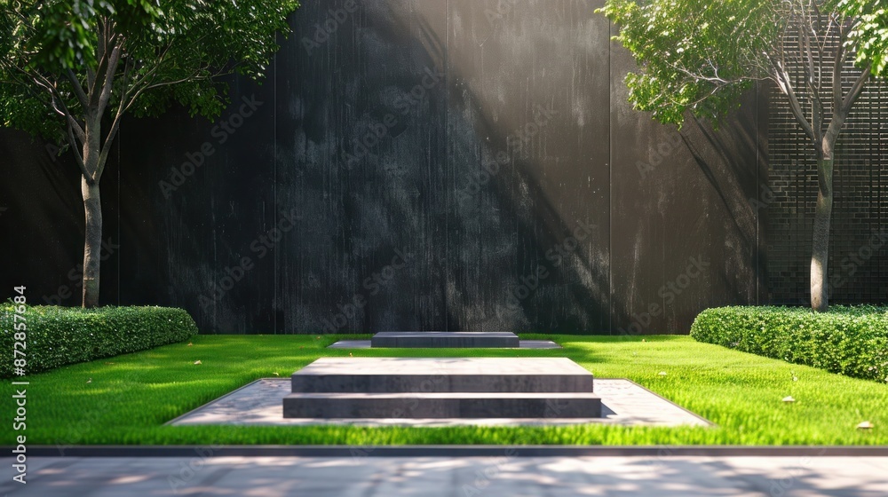 Lavish lawn, podium with contemporary lines, striking billboard mockup ...