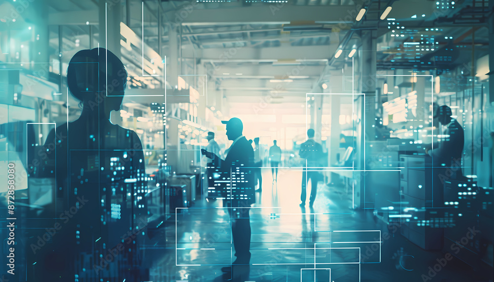 ภาพประกอบสต็อก Futuristic technology concept: Team of engineers and ...