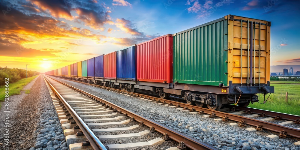 Train passing through railway tracks with colorful containers, freight ...