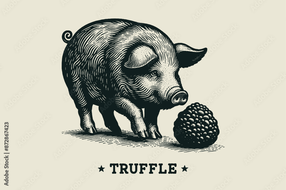 Truffle hog. Truffle mushroom. The pig is looking for truffles. Vintage ...