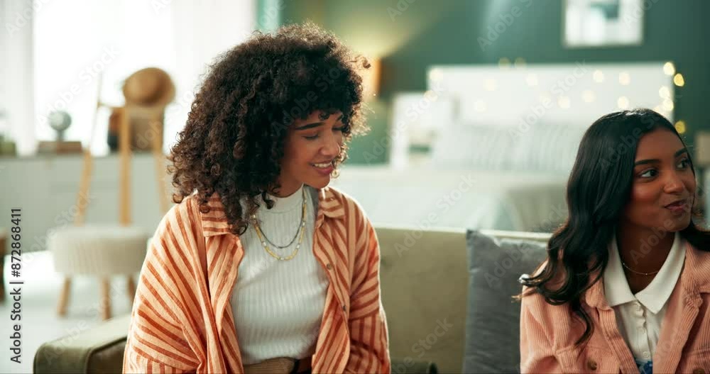 Woman, friends and home talking on sofa, get together and happy ...