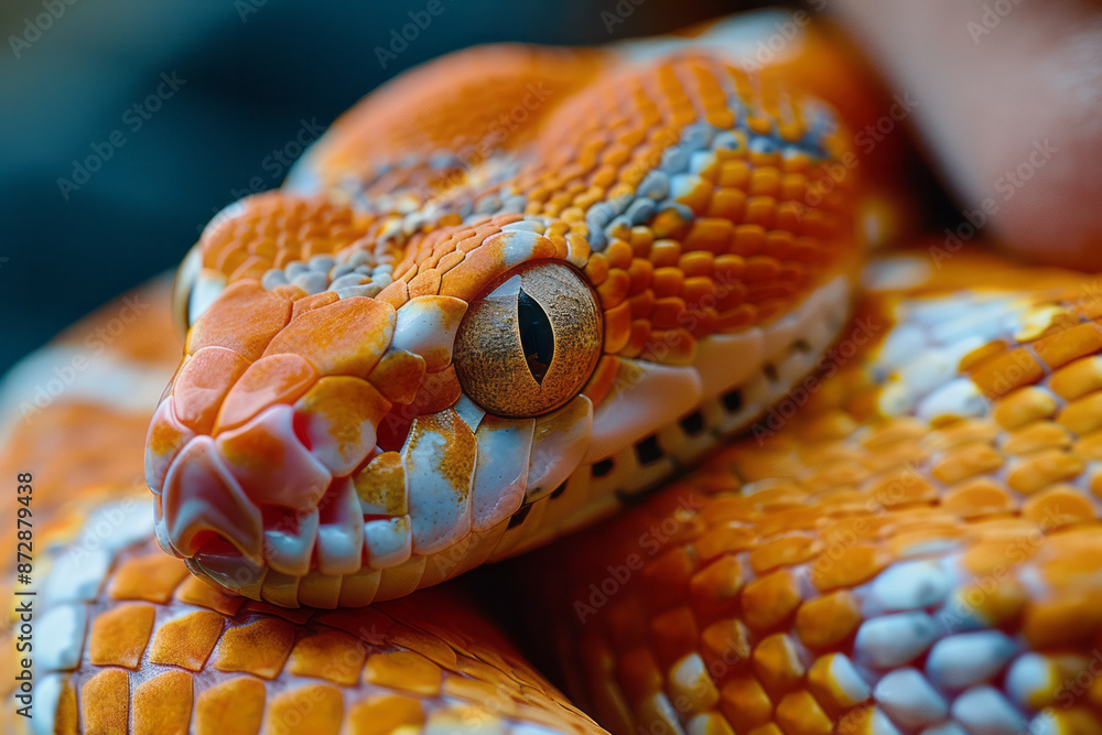 Macro image of a snake head peeking from behind a person's neck ...