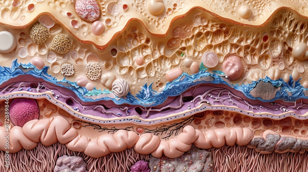 Cross-sectional view of human skin layers showing the epidermis, dermis ...