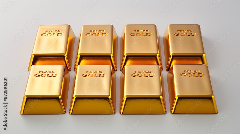 Ten gleaming gold bars, meticulously aligned in a single row, rest upon ...
