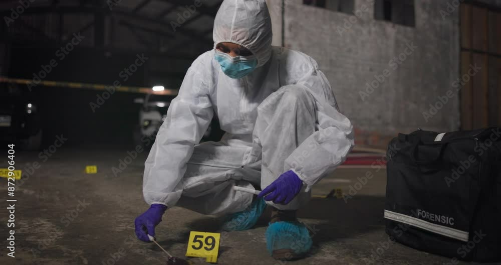 Road, crime scene and person with evidence at night for investigation ...