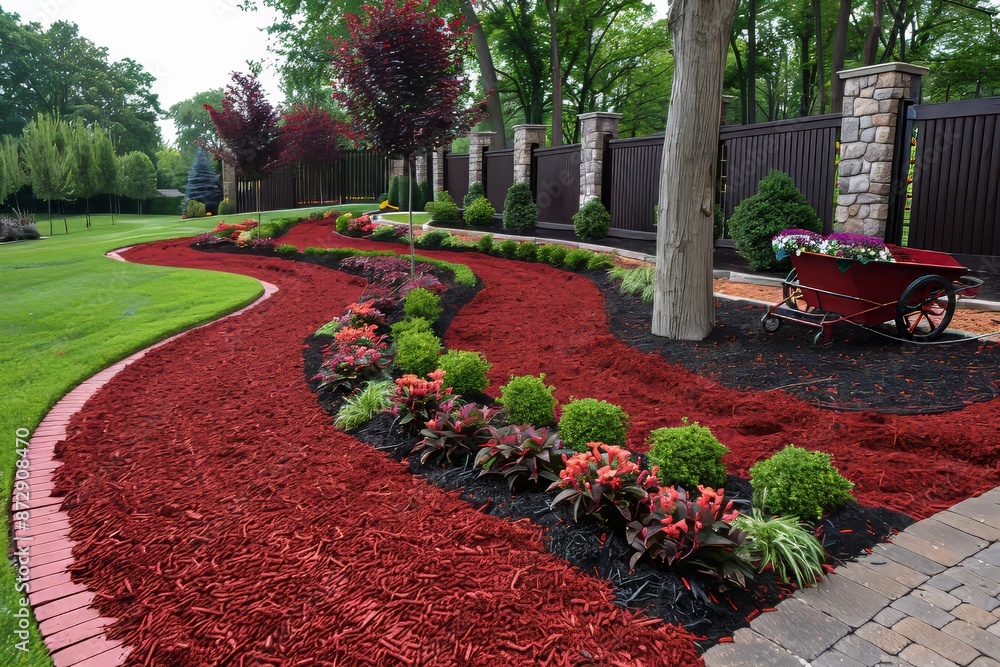 Red Mulch Landscaping Design With Brick Edging And Curved Pathway Stock ...