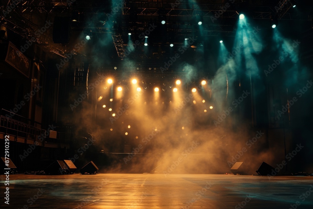Empty concert stage with illuminated spotlights and smoke. Stage ...