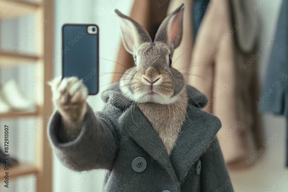 Gray rabbit stands on hind legs wearing black coat, perked ears ...