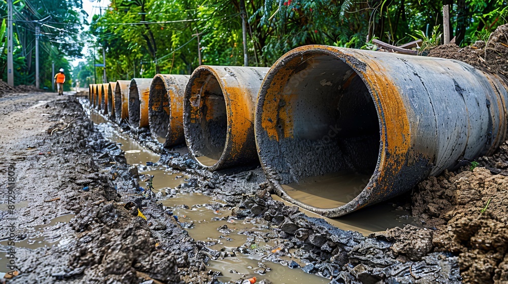 Concrete drainage pipe system installation on road sides for urban ...