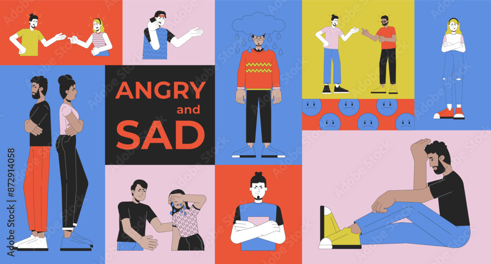 Angry and sad people bento grid illustration set. Domestic quarrels ...
