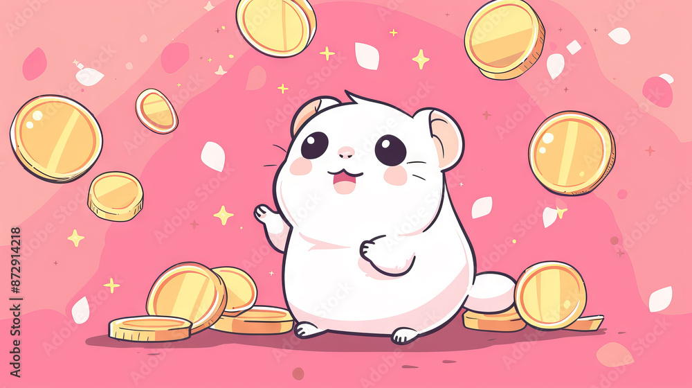 Cute cartoon hamster surrounded by falling gold coins on a pink ...