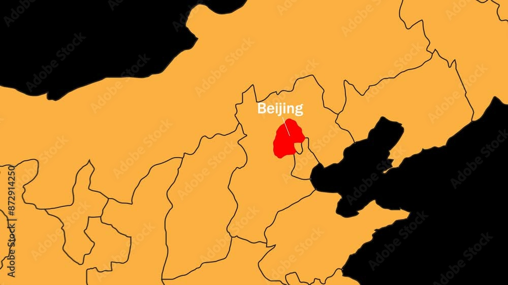 Beijing map animated video. Beijing location is highlighted on the China map colour with a ...