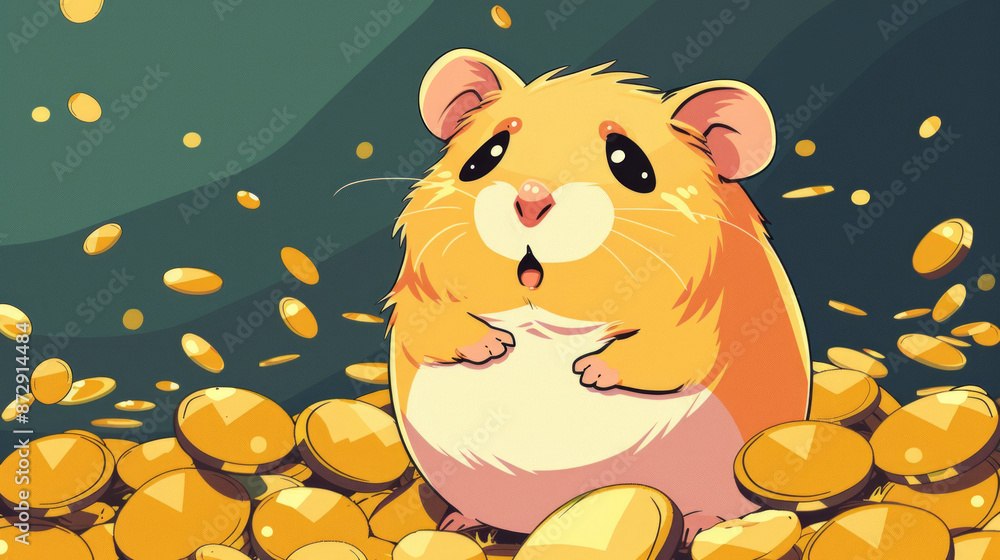Cute cartoon hamster surrounded by falling gold coins on a green ...