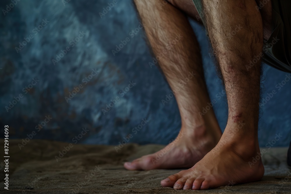 Male legs with bare feet on blue textured wall. Close-up view of eczema ...